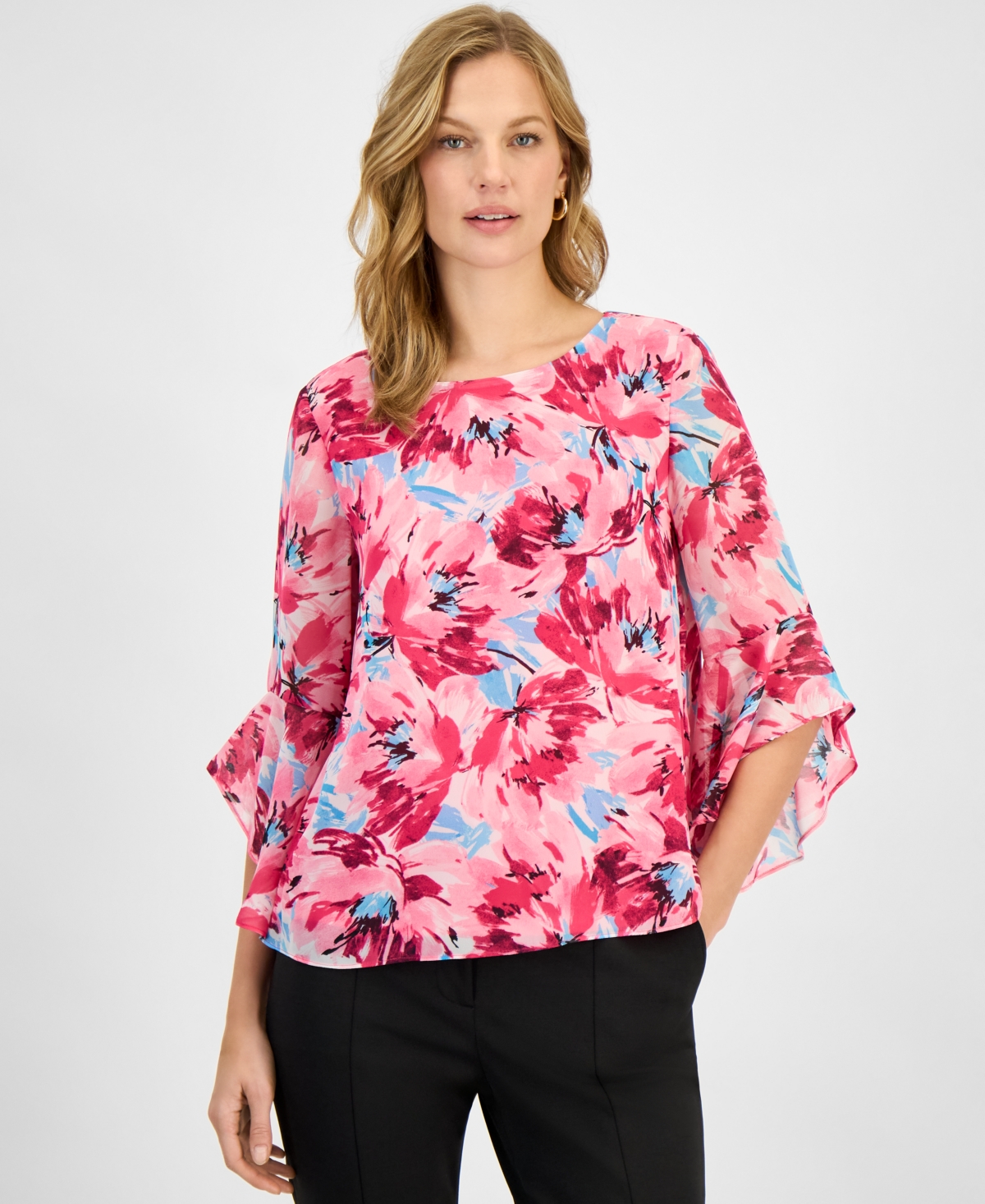 Click here for Kasper Womens Printed Ruffle-Sleeve Blouse  Regula... prices