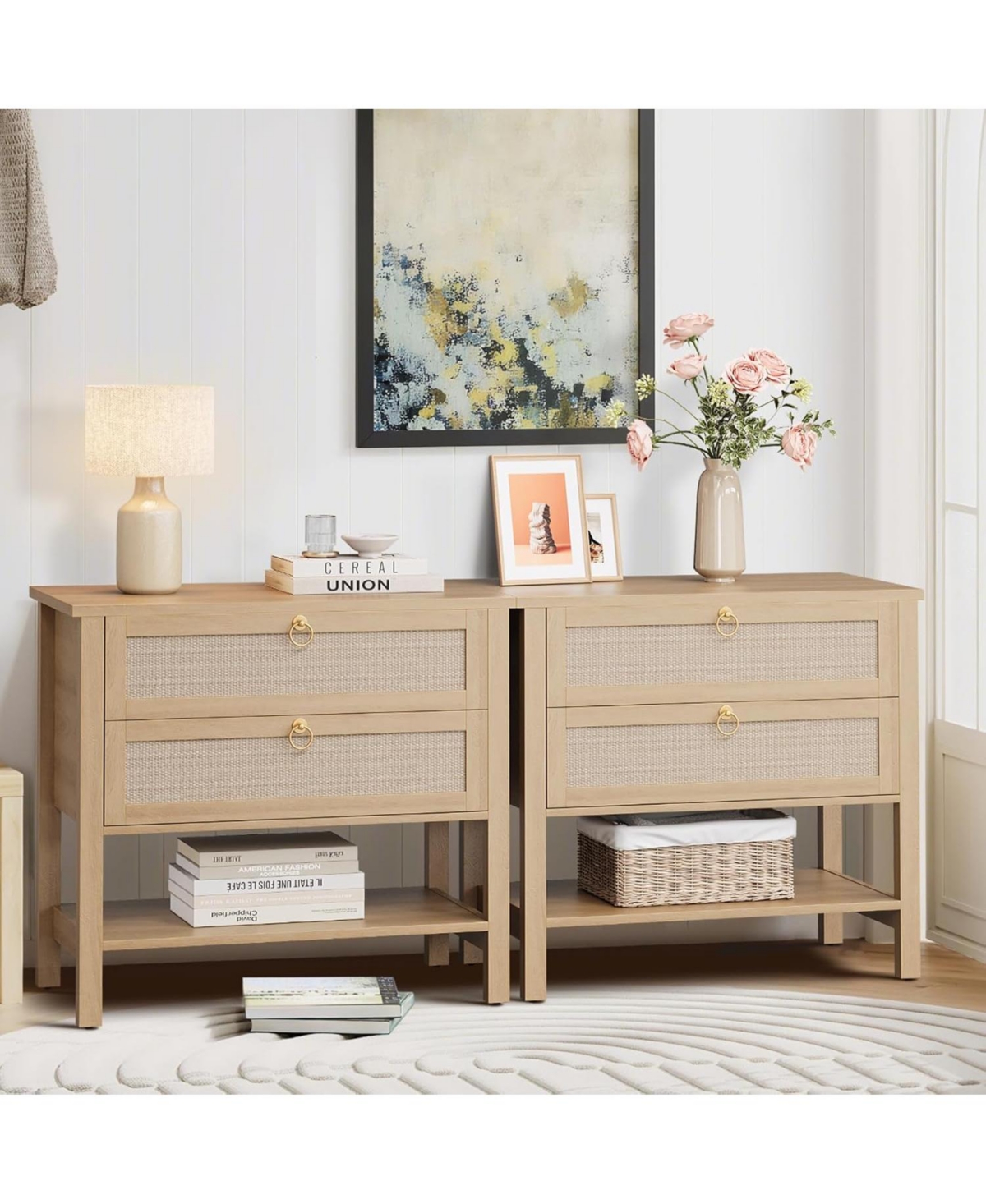 Click here for gaomon Rattan Nightstand Set of 2  Boho Bedside Ta... prices