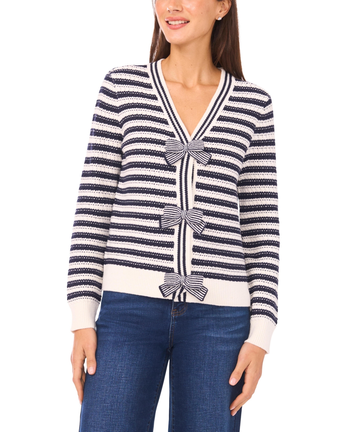 CeCe Womens Ribbon-Trim Striped Long-Sleeve Sweater - Classic Navy