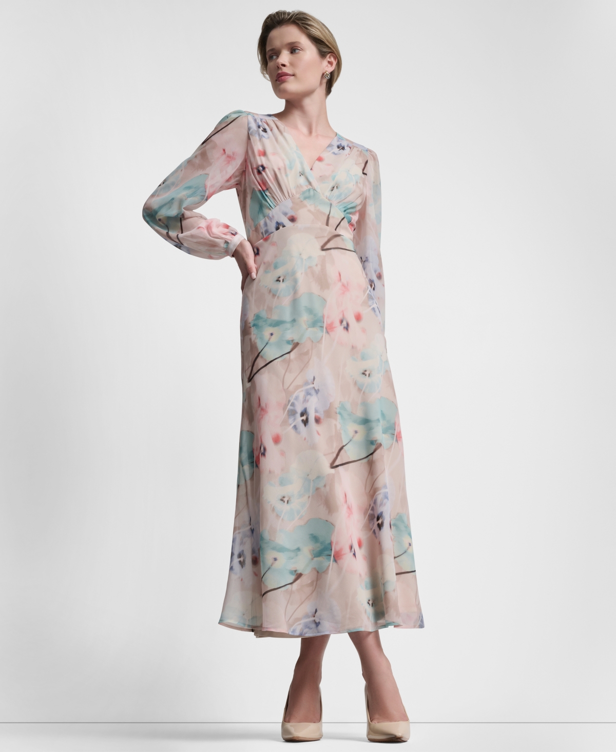 Click here for Dkny Womens V-Neck Fit and Flare Long Dress - Moon... prices