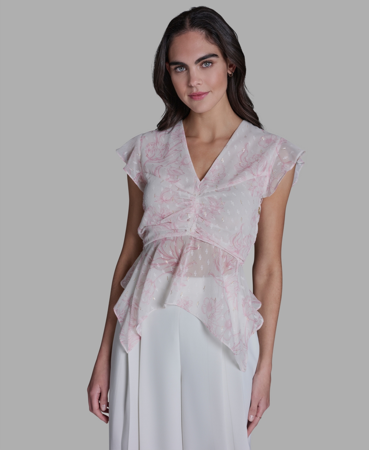 Click here for Bcbg Womens V-Neck Ruched Front Flutter-Sleeve Top... prices