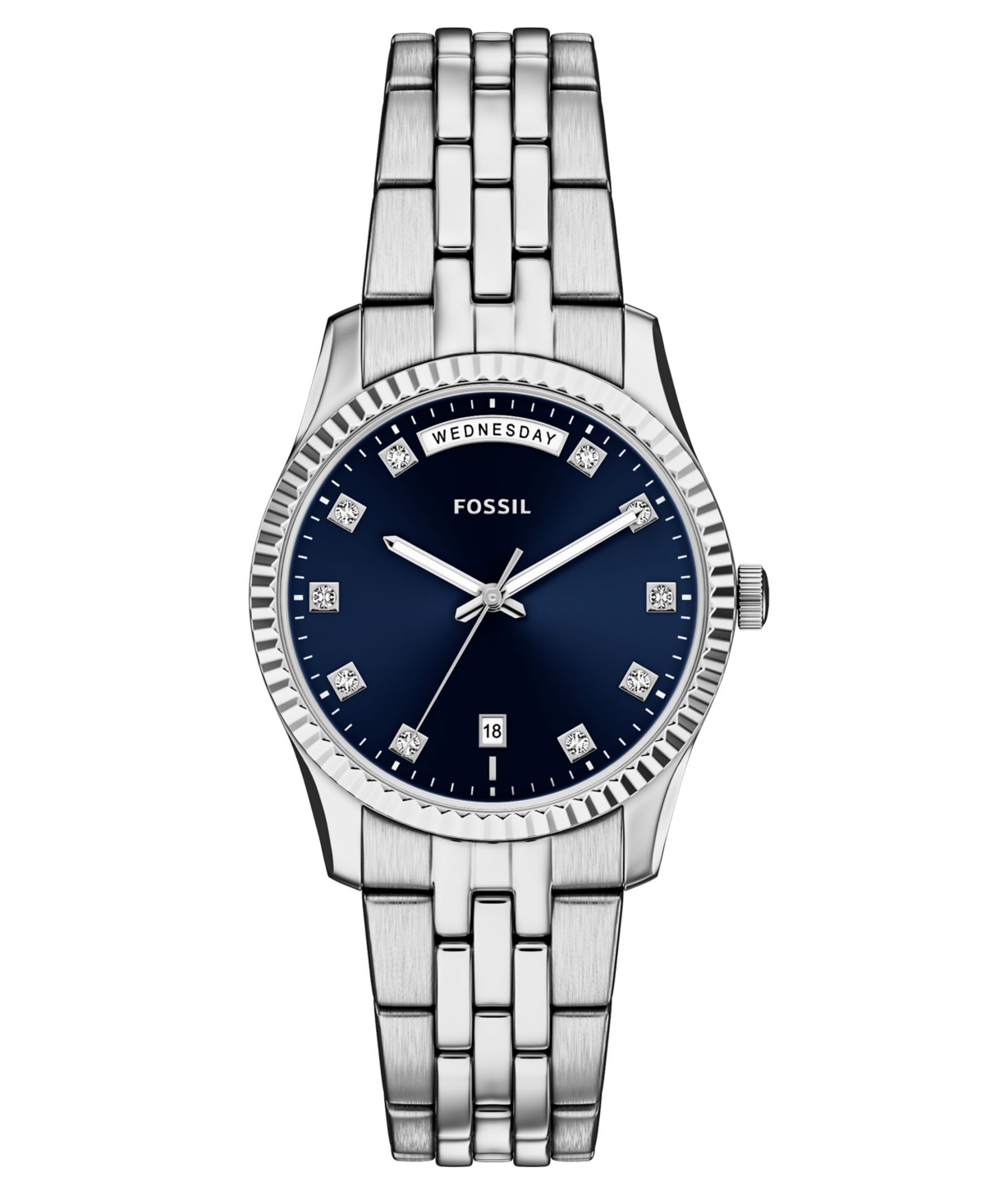 Click here for Fossil Womens Scarlette Three-Hand Day-Date Stainl... prices