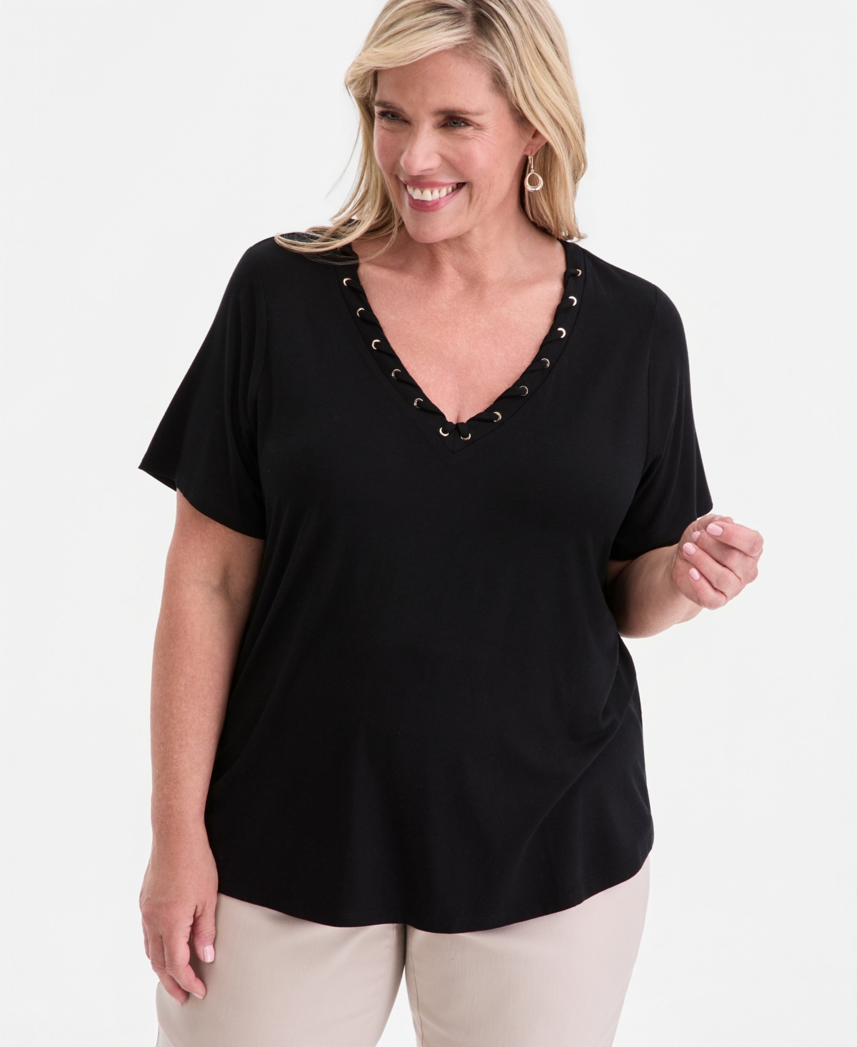 Click here for Jm Collection Plus Size Lace-Up V-Neck T-Shirt  Ma... prices