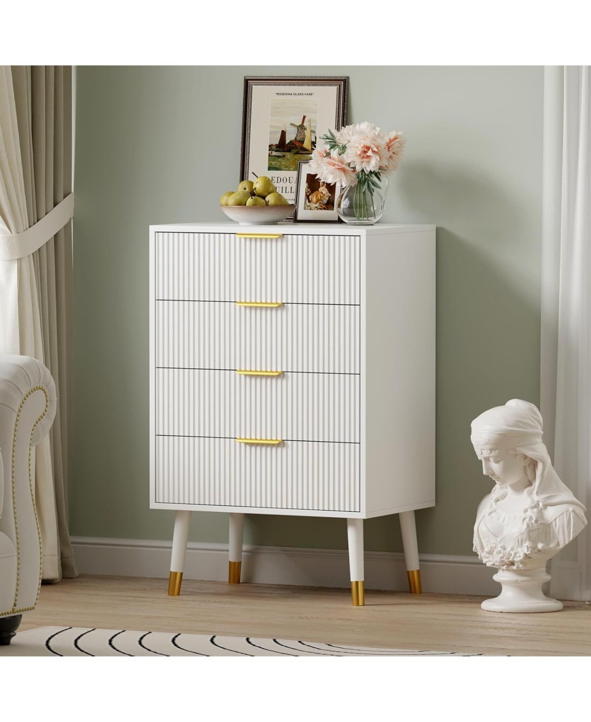 Click here for gaomon fluted 4-drawer tall dresser with gold meta... prices