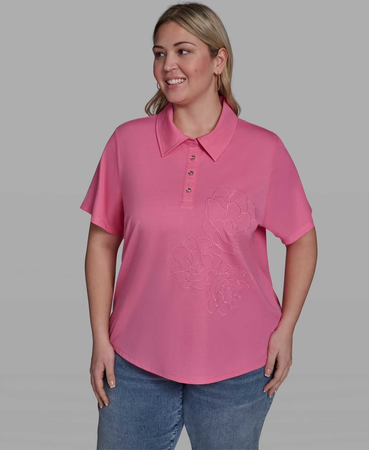 Karl Lagerfeld Paris Plus Size Floral Polo Short-Sleeve Top - Pink Carnation