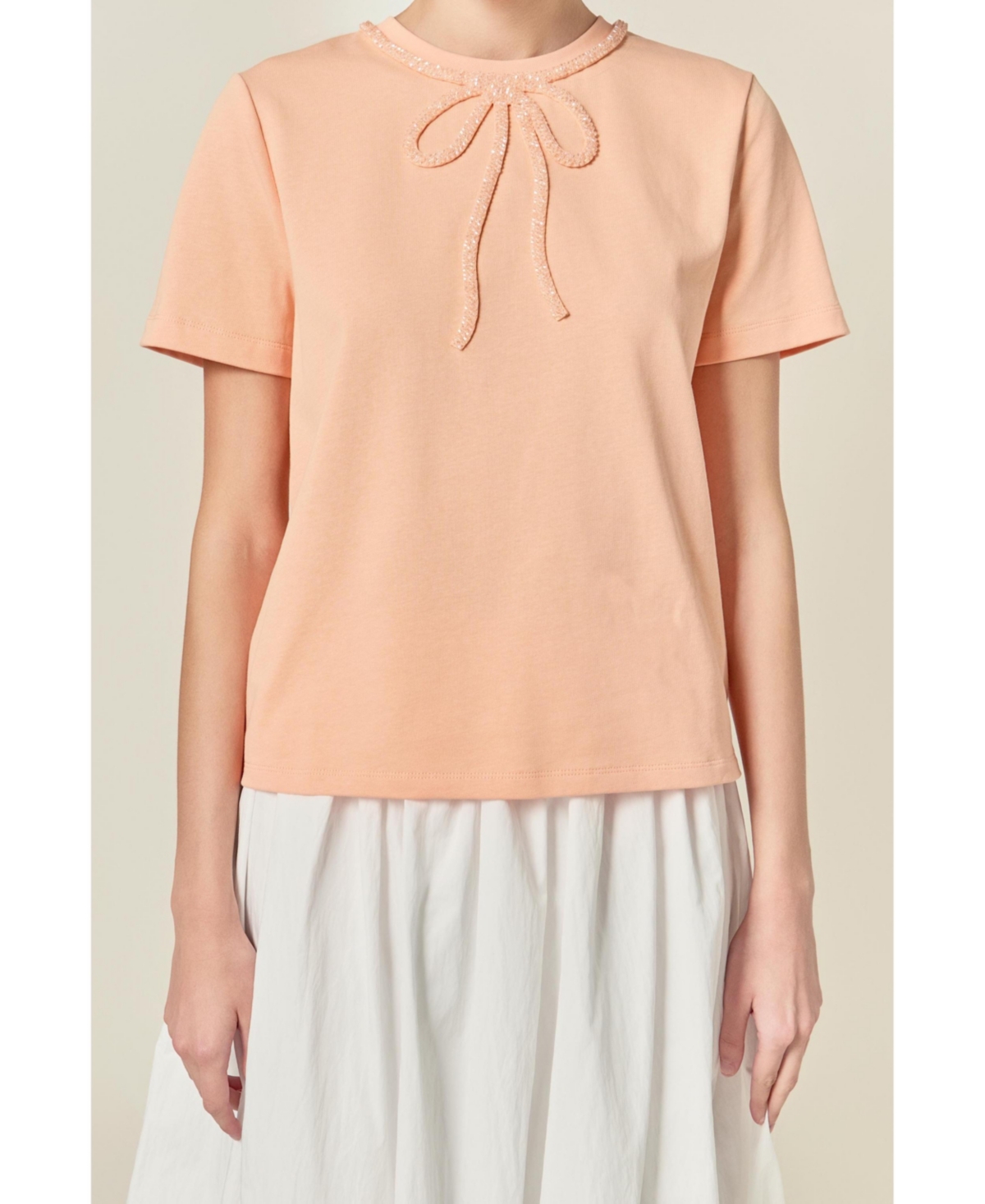 Click here for English Factory Womens Beaded Bow T-Shirt - Peach prices