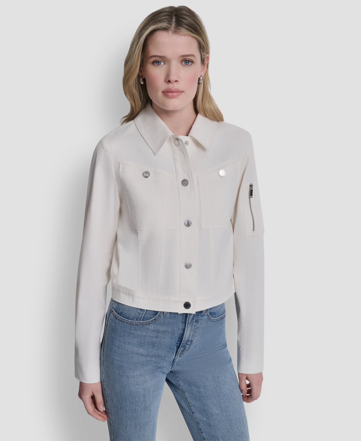 Click here for Dkny Womens Collared Twill Trucker Jacket - Ivory prices