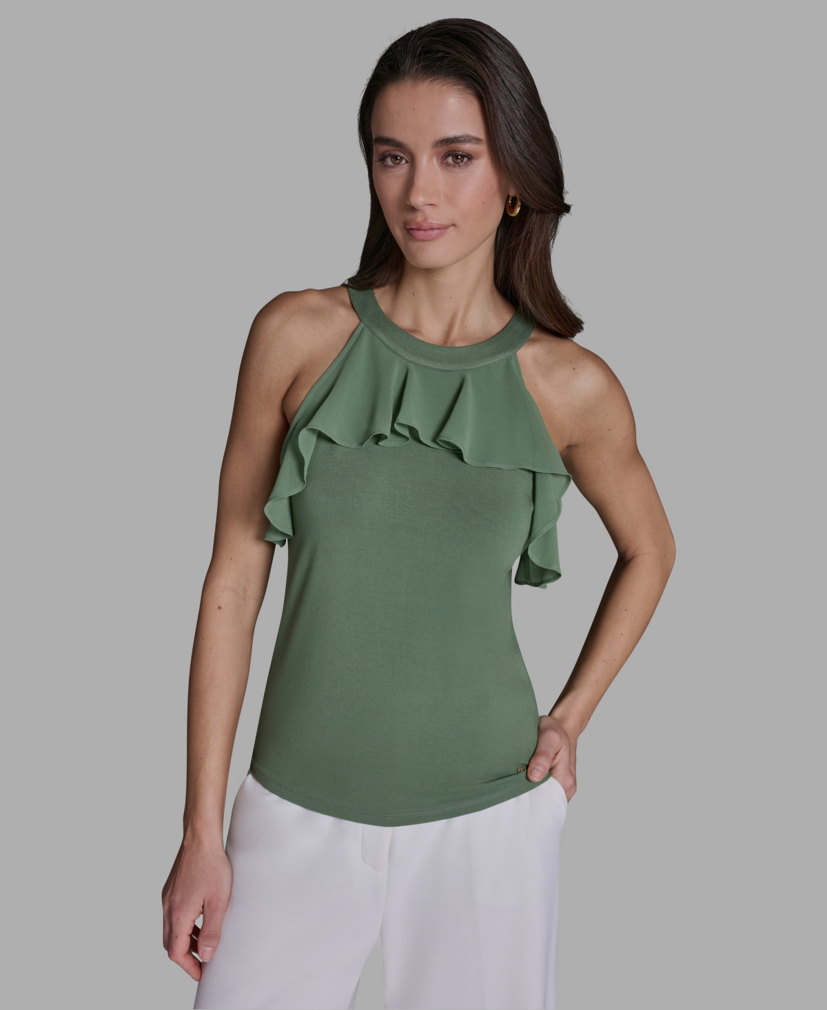 Click here for Bcbg Womens Halter Neck Ruffle Tank Top - Dill prices