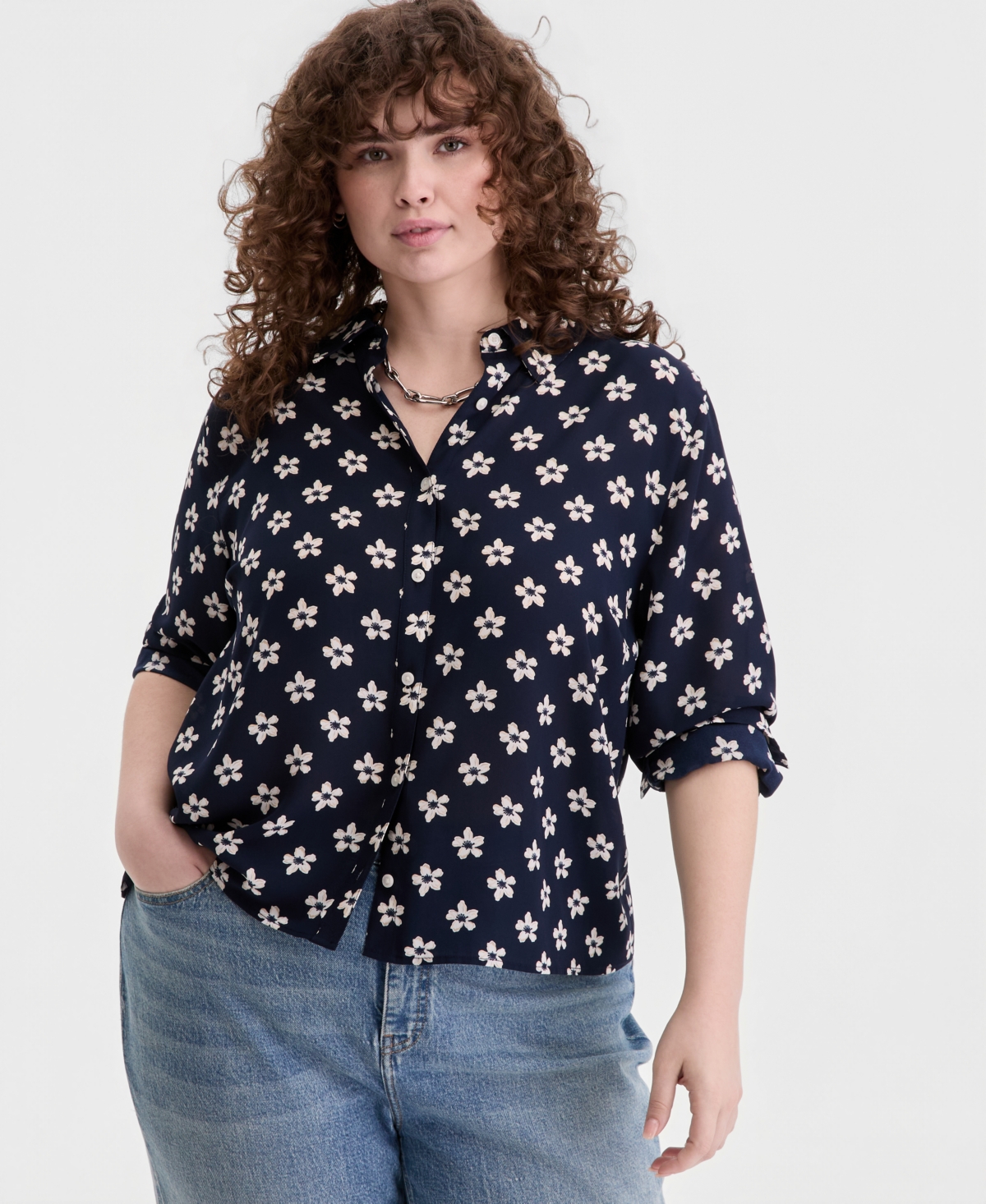 Click here for On 34th Trendy Plus Size Bloom Print Cropped Shirt... prices