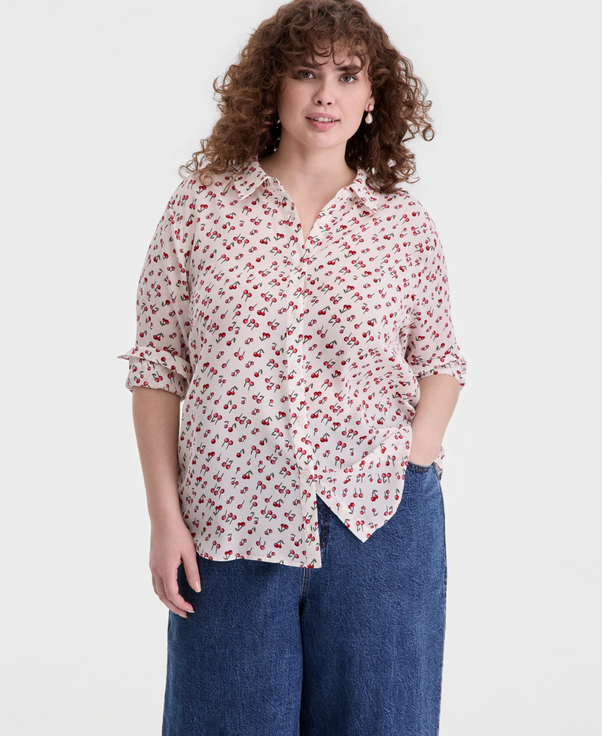Click here for On 34th Trendy Plus Size Cherry Print Silky Shirt... prices