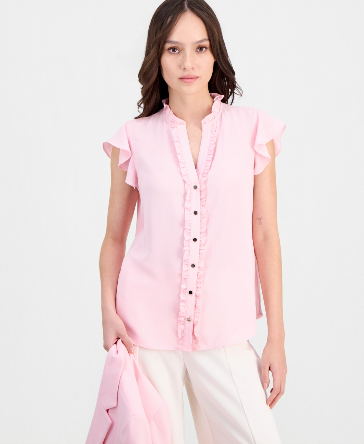 Click here for Anne Klein Essentials Petite Flutter-Sleeve Ruffle... prices