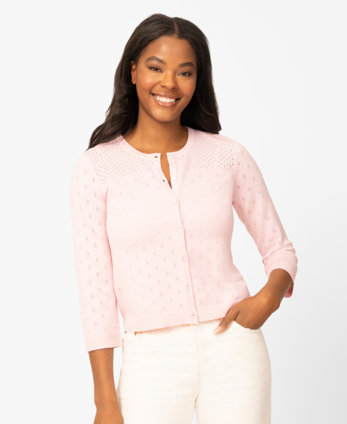 Click here for Melissa Paige Petite Diamond Pointelle Button Crew... prices