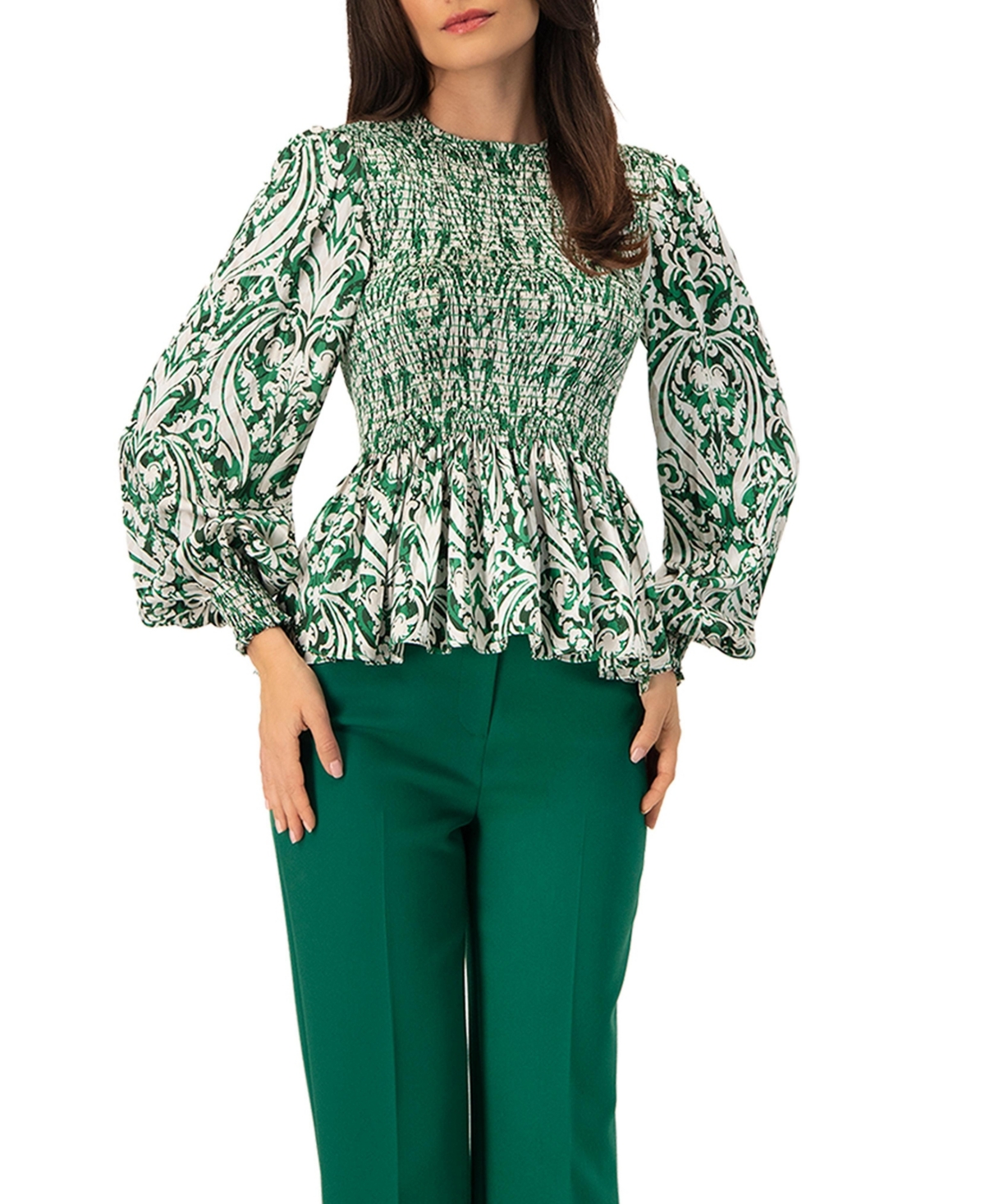 Click here for Ivonne Womens Baroque Print Smocked Peplum Top - G... prices