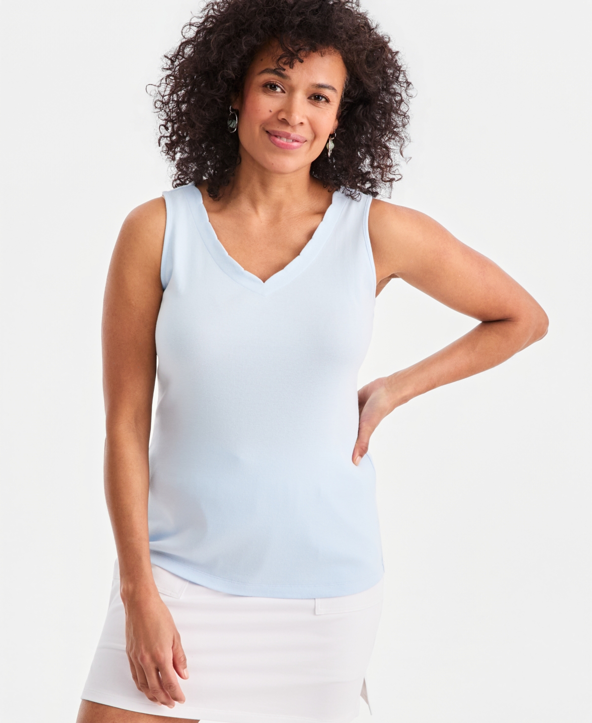 Click here for Style & Co Womens Cotton Scalloped V-Neck Sleevele... prices