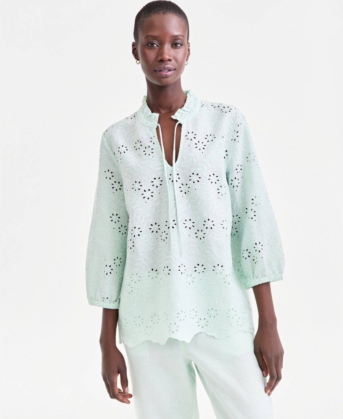 Charter Club Womens 100 Linen Eyelet-Embroidered Blouson-Sleeve Top  Macys Exclusive - Buttetmint