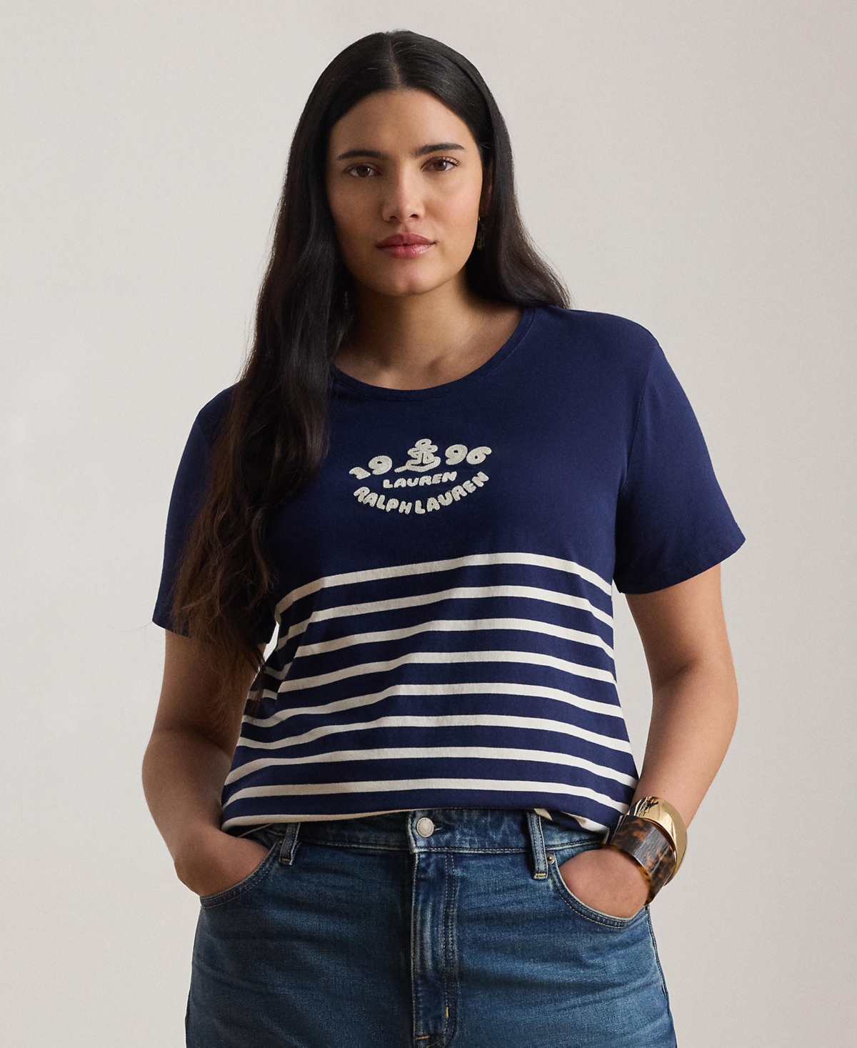 Click here for Lauren Ralph Lauren Plus Size Striped Embroidered... prices