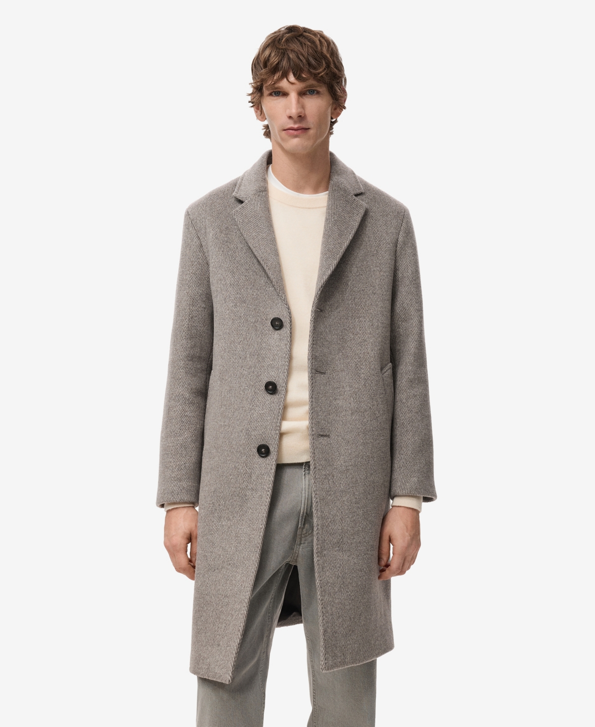 Click here for Mango Mens Herringbone Structure Wool Coat - Sand prices