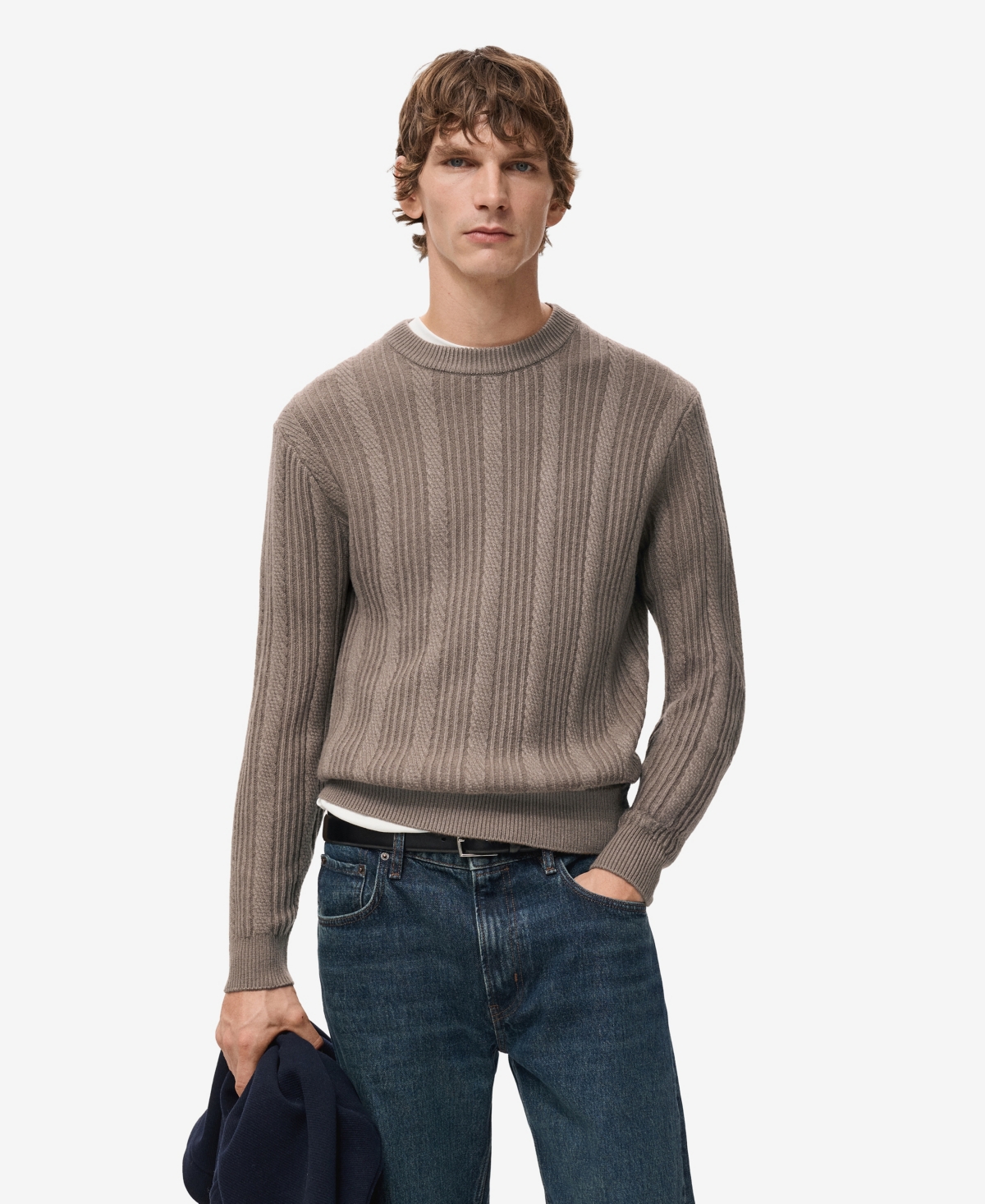 Click here for Mango Mens Structured Knitted Sweater - Mink Grey prices