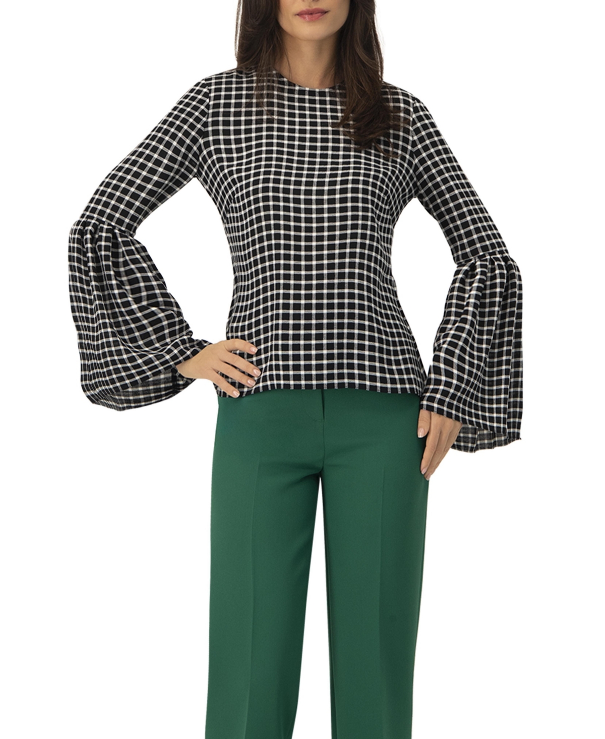 Click here for Ivonne Womens Check Blouse with Puffed Sleeves - B... prices