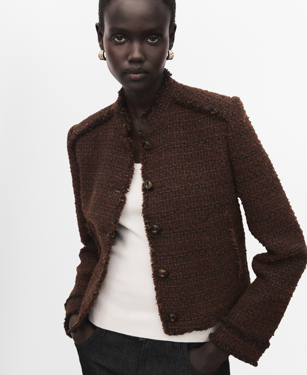 Click here for Mango Womens Frayed Ends Tweed Jacket - Brown prices