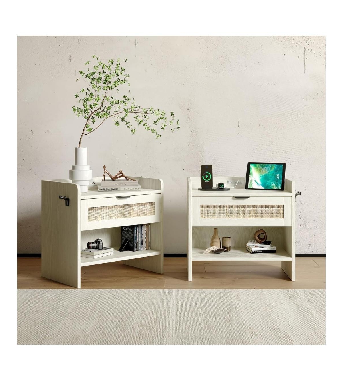 Click here for gaomon Set of 2 White Rattan Nightstands  1-Drawer... prices