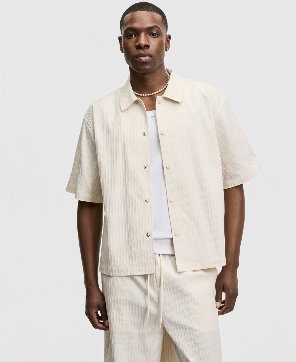 Click here for Mode of One Mens Relaxed-Fit Crinkle Stripe Short-... prices