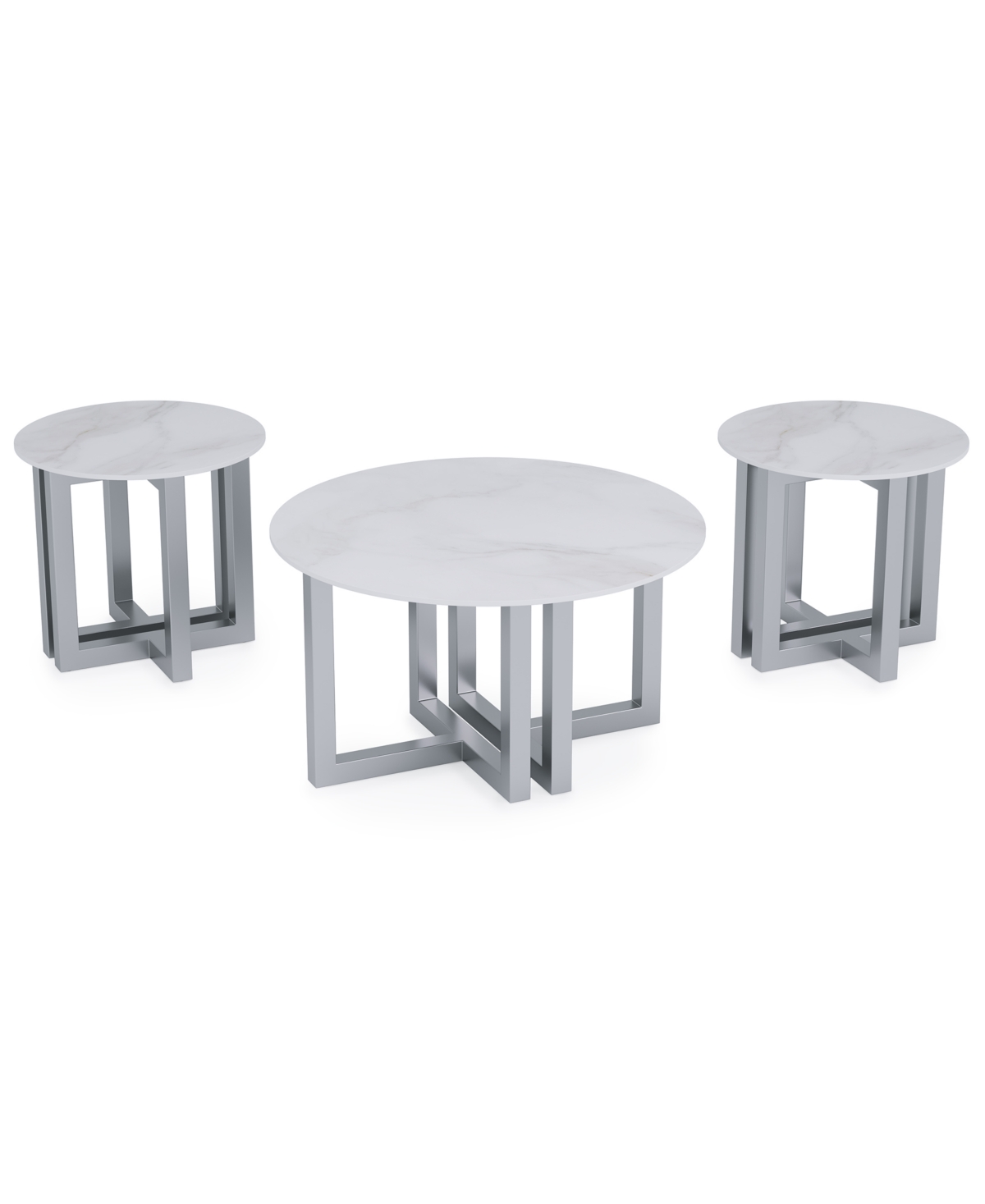 Emila 3-Pc. Round Coffee Table and Round End Table Set - White  Silver