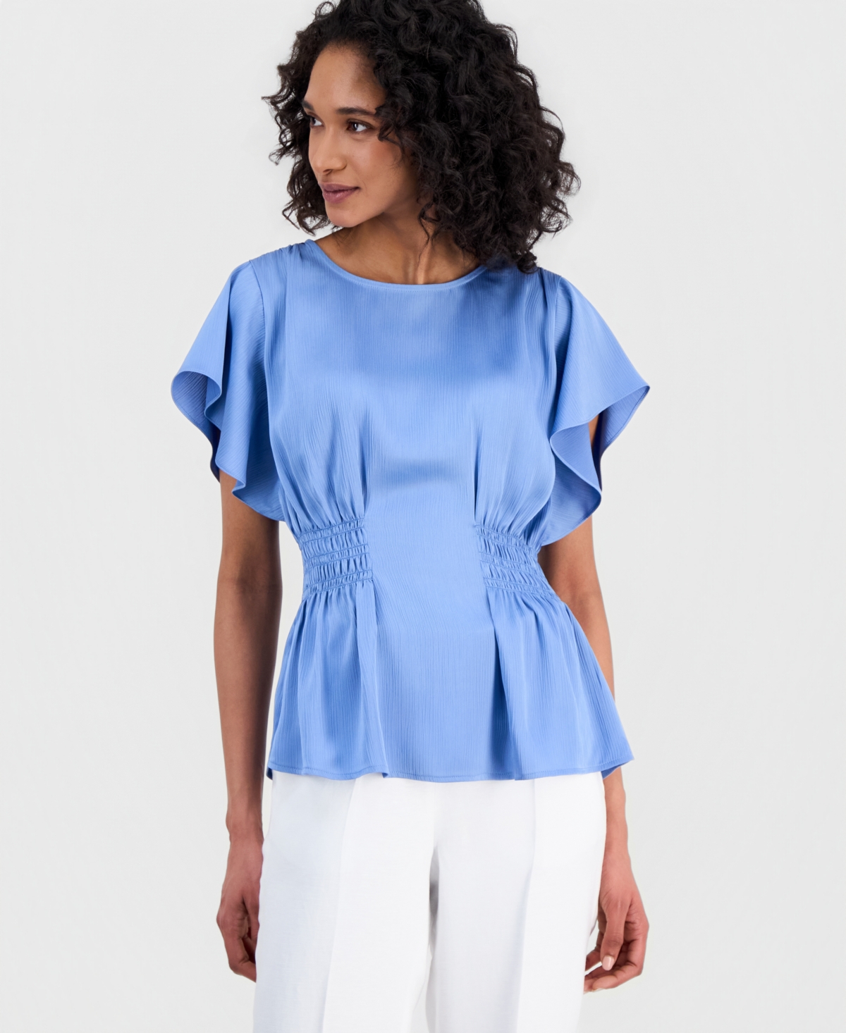 Click here for Anne Klein Womens Flutter-Sleeve Smocked-Waist Top... prices