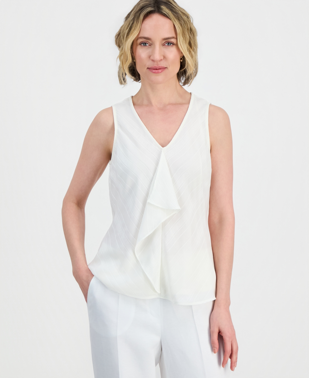 Click here for Kasper Womens Ruffle-Front Sleeveless Top - Vanill... prices