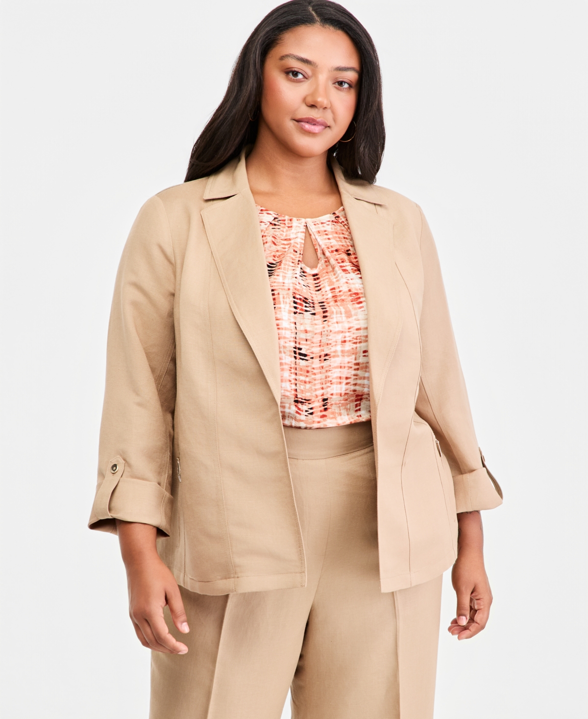 Kasper Plus Size Linen Open-Front Seamed Roll-Tab-Sleeve Jacket - Toasted Wheat