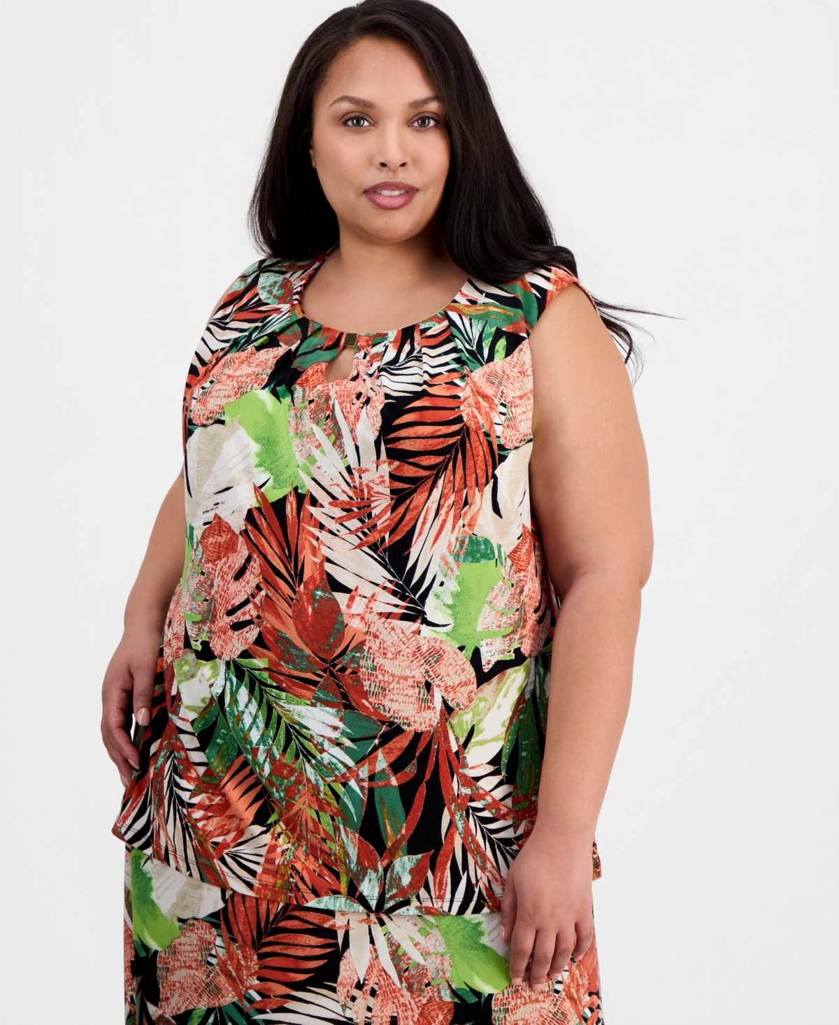 Click here for Kasper Plus Size Printed Pleat-Neck Sleeveless Top... prices