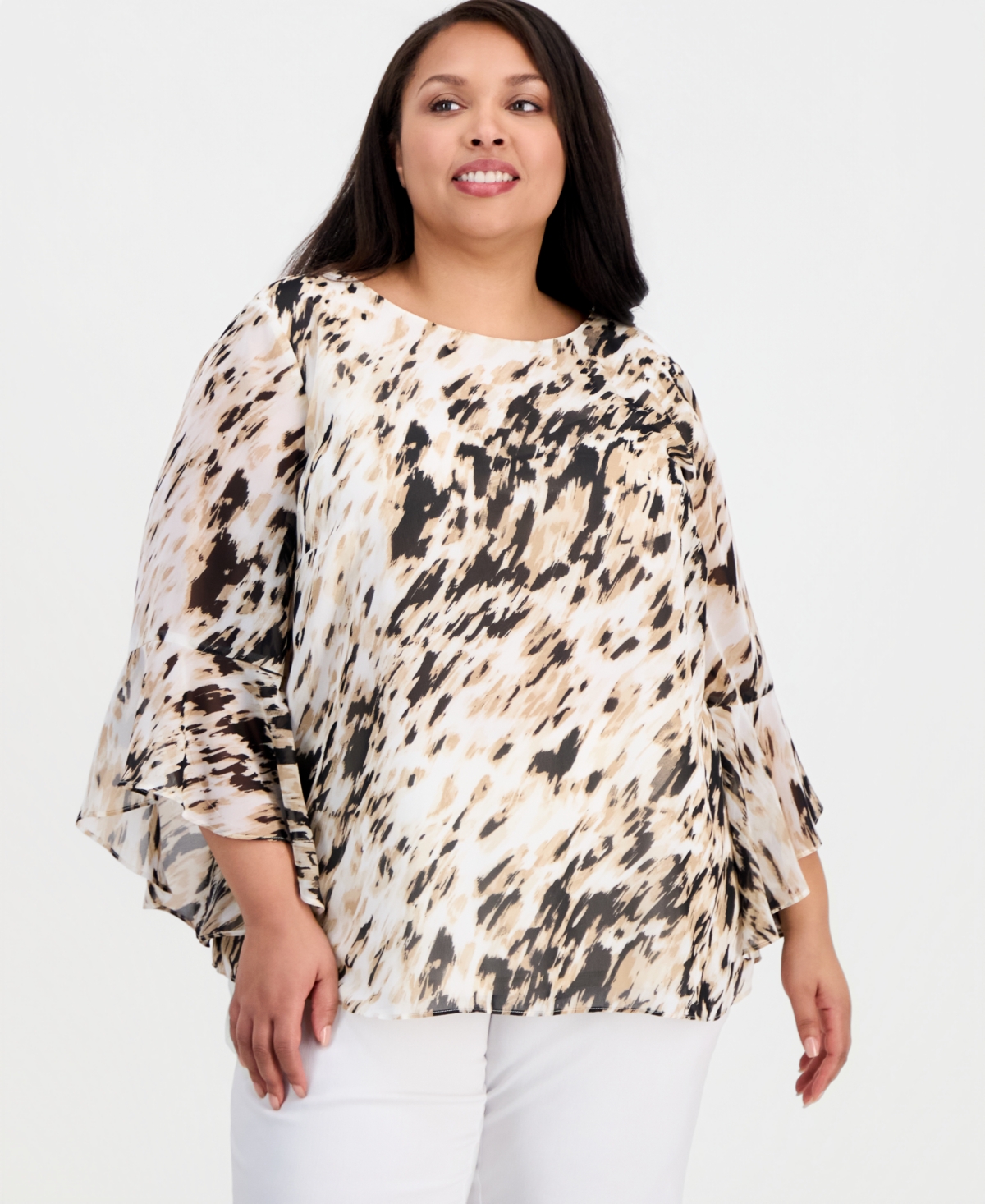 Click here for Kasper Plus Size Printed Boat-Neck Ruffle-Sleeve B... prices