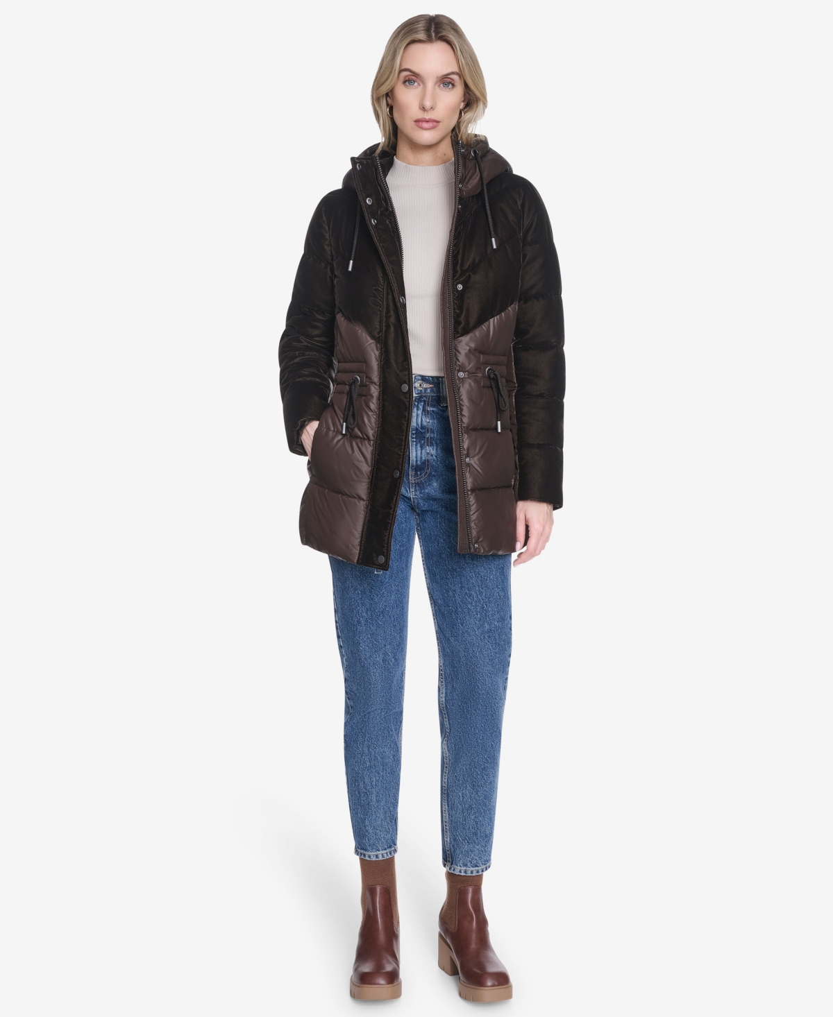 Click here for Womens Varna Velvet Mixed Quilted Puffer Jacket Wi... prices