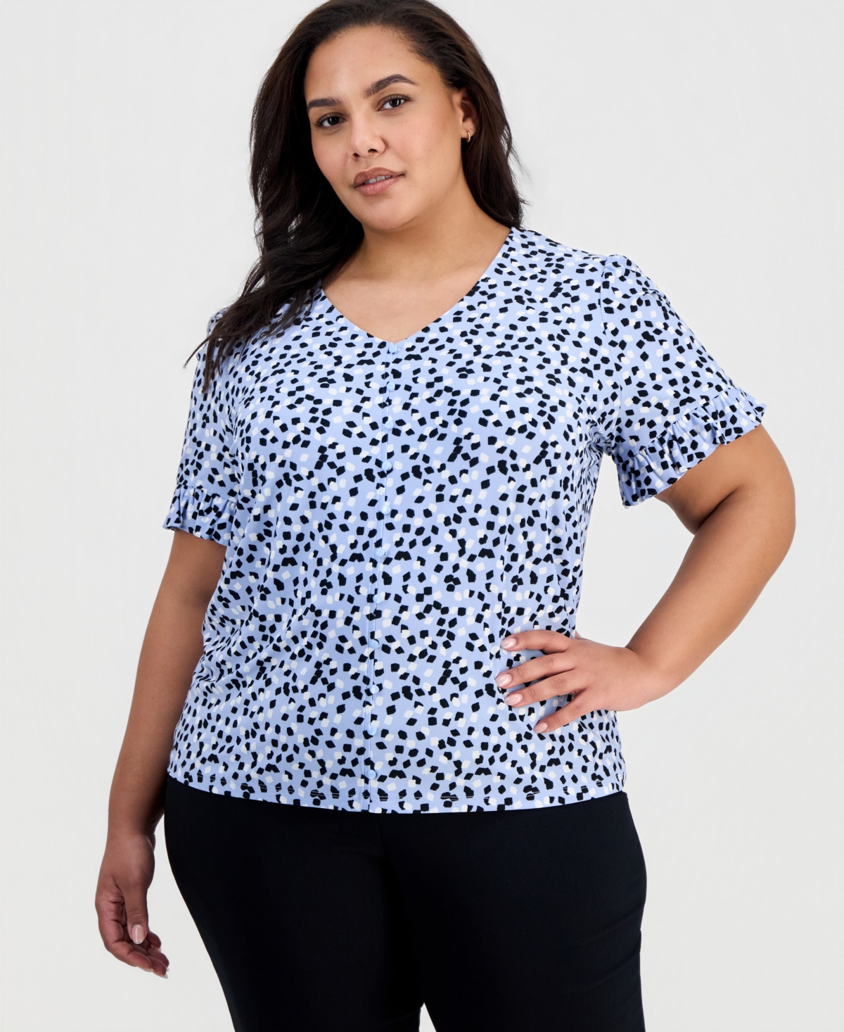 Click here for Anne Klein Essentials Plus Size V-Neck Ruffled-Cuf... prices