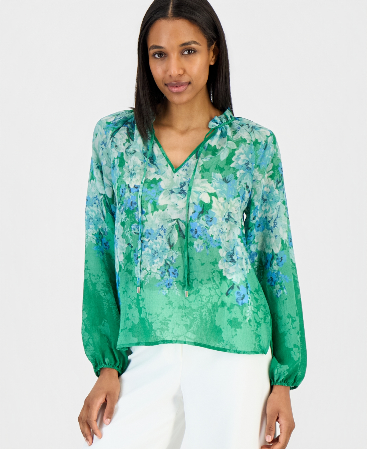 Click here for Tahari Asl Womens Printed Blouson-Sleeve Blouse -... prices