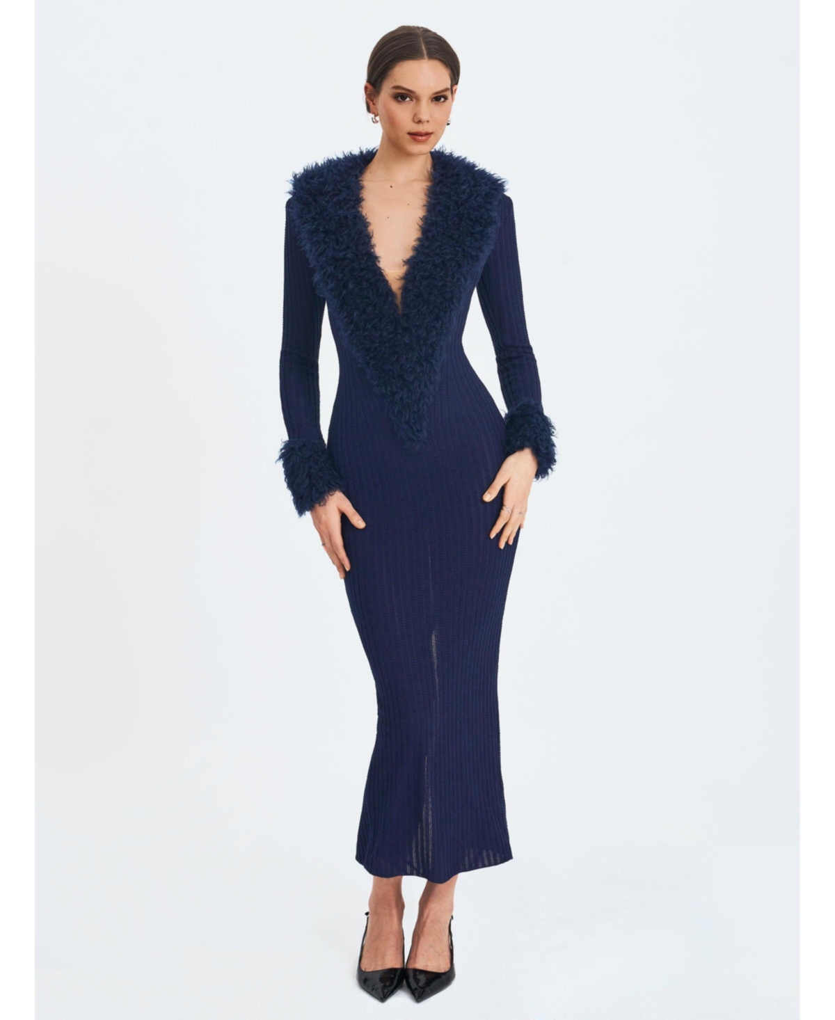 Click here for Miss Circle Womens Romina Navy Plunging Fur Trimme... prices