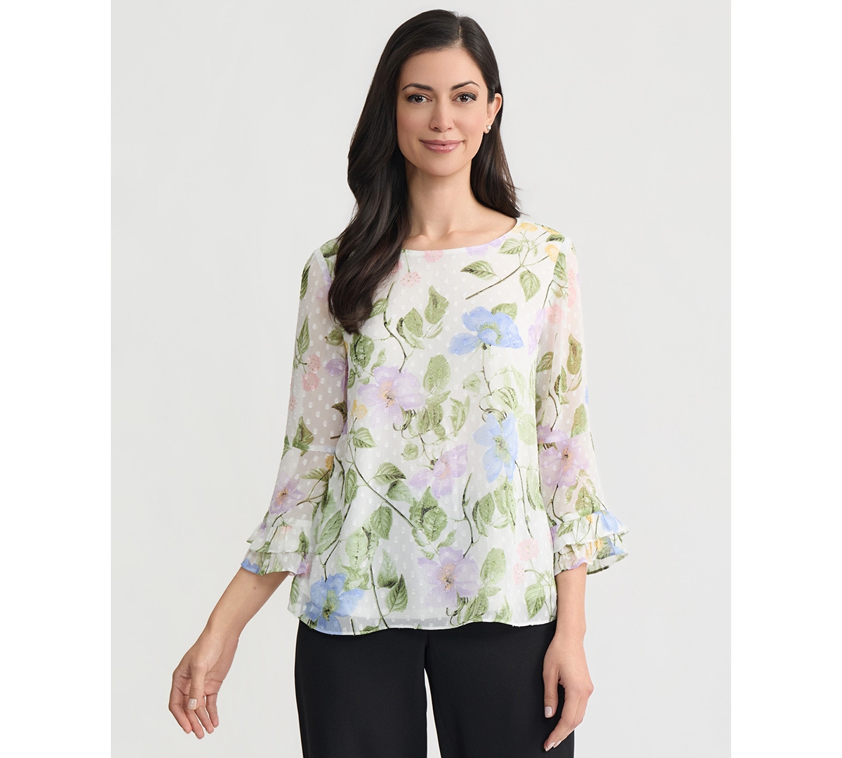 Click here for Clip Dot Flroal Print Ruffle Sleeve Blouse - Lily... prices
