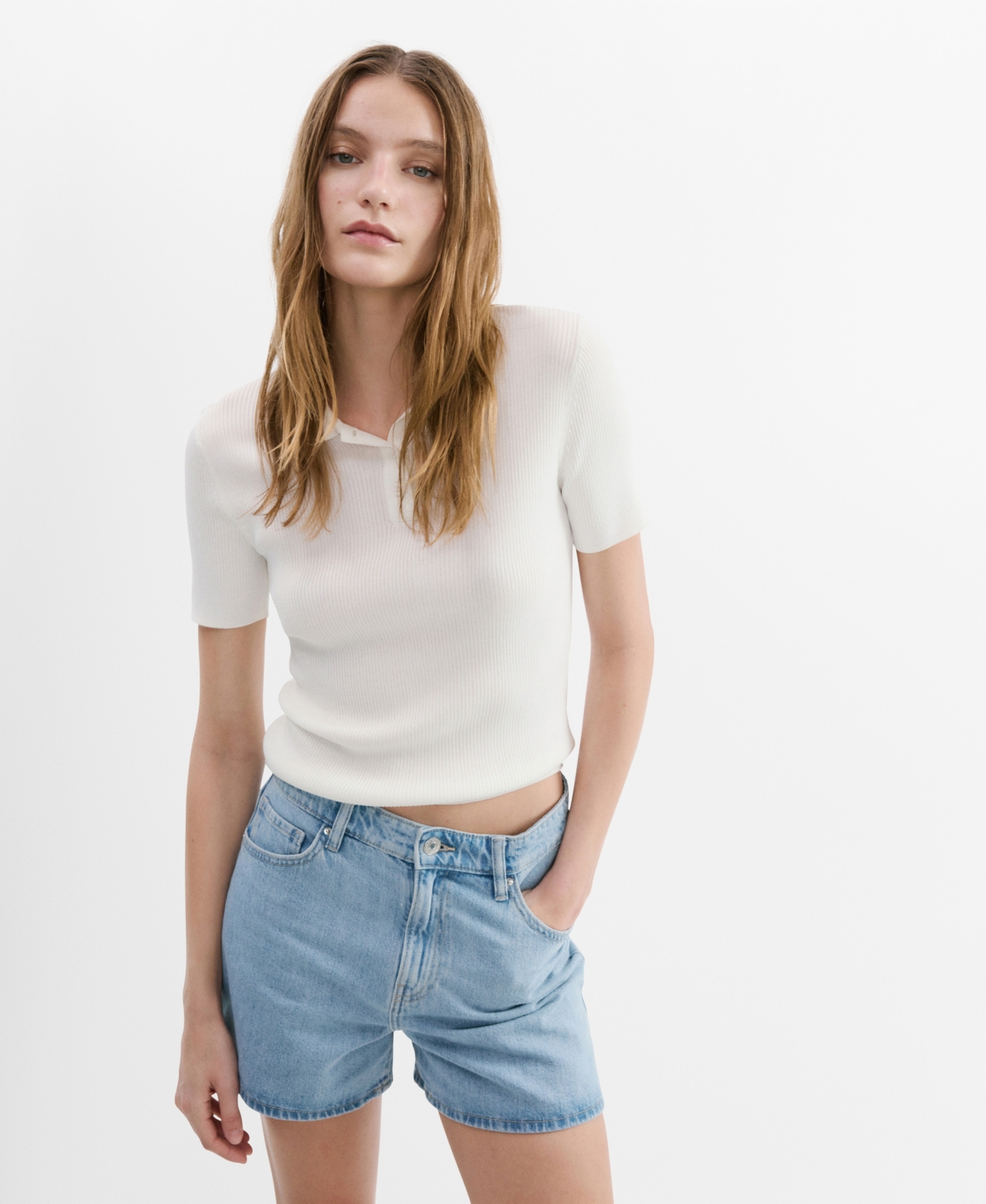 Click here for Mango Womens High-Waisted Straight-Fit Denim Short... prices