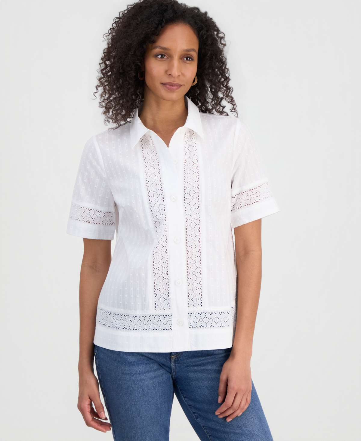 Click here for Style & Co Womens Cotton Eyelet Short-Sleeve Shirt... prices