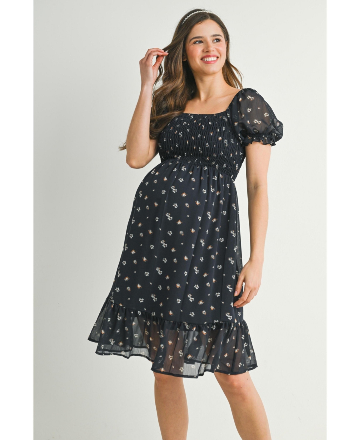 Click here for Hello Miz Maternity Floral Smocked Empire Waist Kn... prices