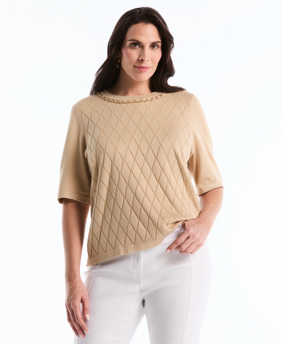 Click here for Rafaella Plus Size Diamond Stitch Elbow-Sleeve Cre... prices