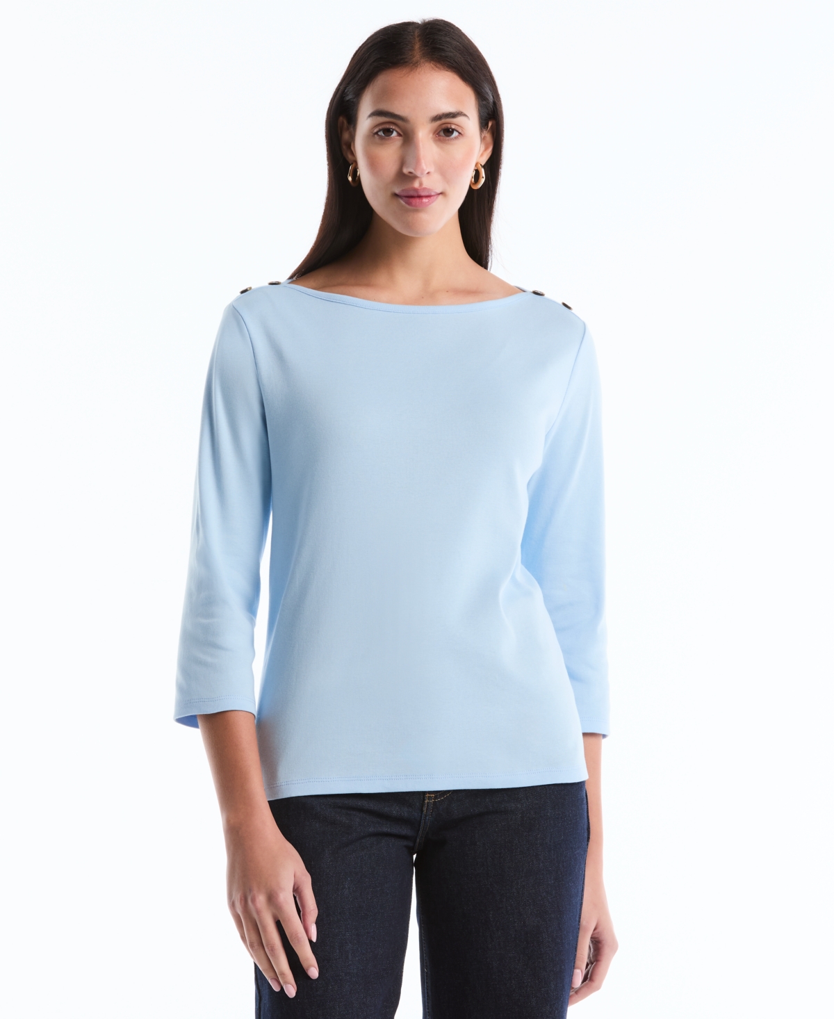 Click here for Rafaella Petite Button Detail Boat Neck Top - Ceru... prices