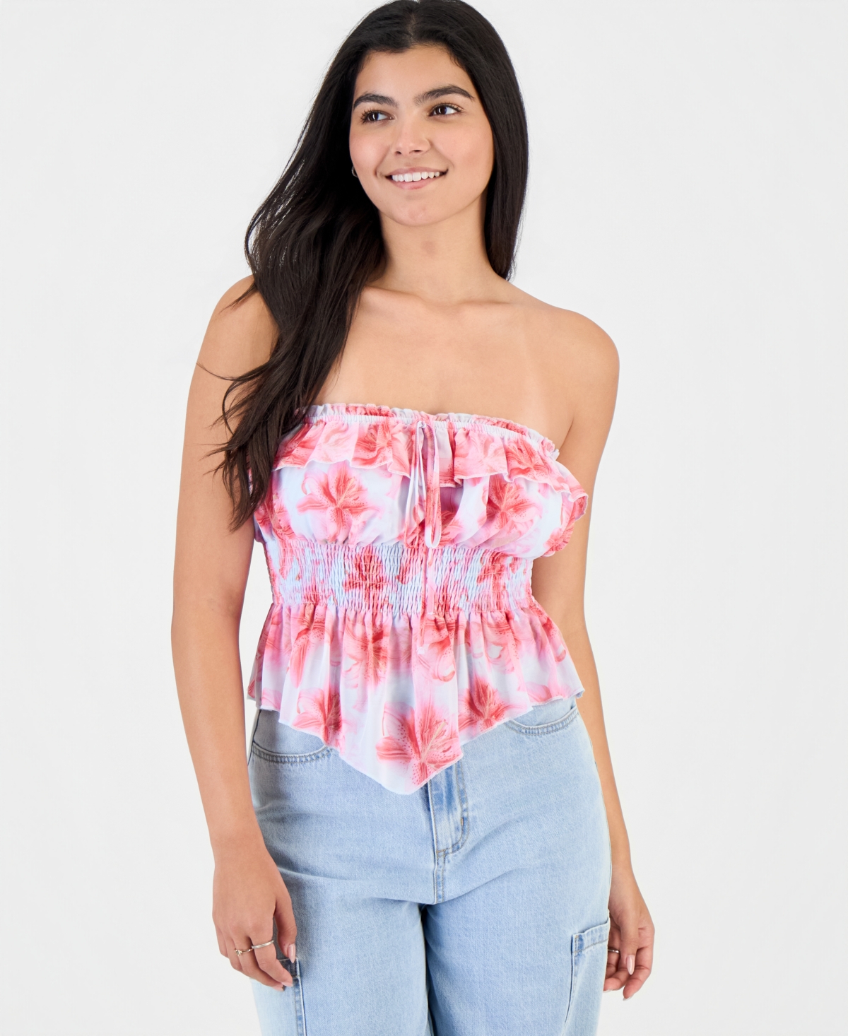 Click here for Madden Girl Juniors Printed Ruffled Tube Top - Whi... prices