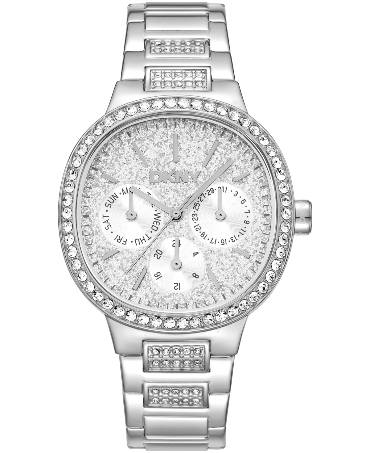 Click here for Dkny Womens Silver Crystal Covered Dial Crystal Be... prices