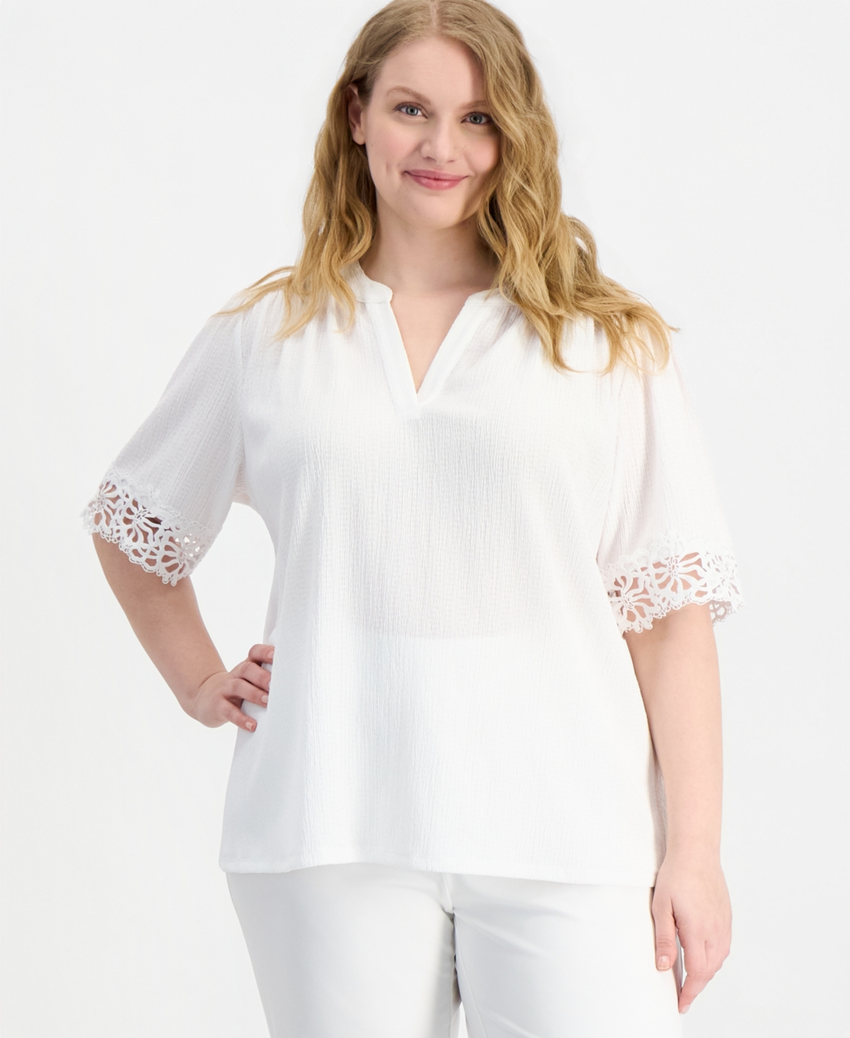 Click here for Anne Klein Plus Size Split-Neck Lace-Trim Elbow-Sl... prices