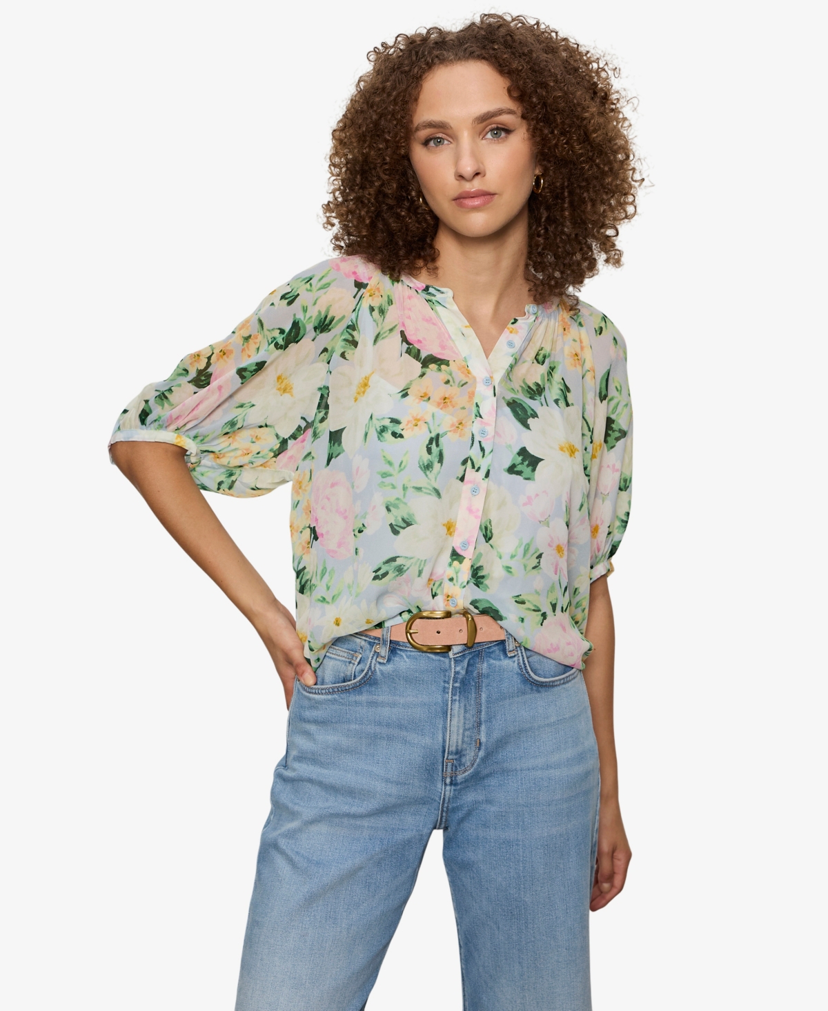 Click here for Sanctuary Petite Printed Split Neck Top - Spring F... prices