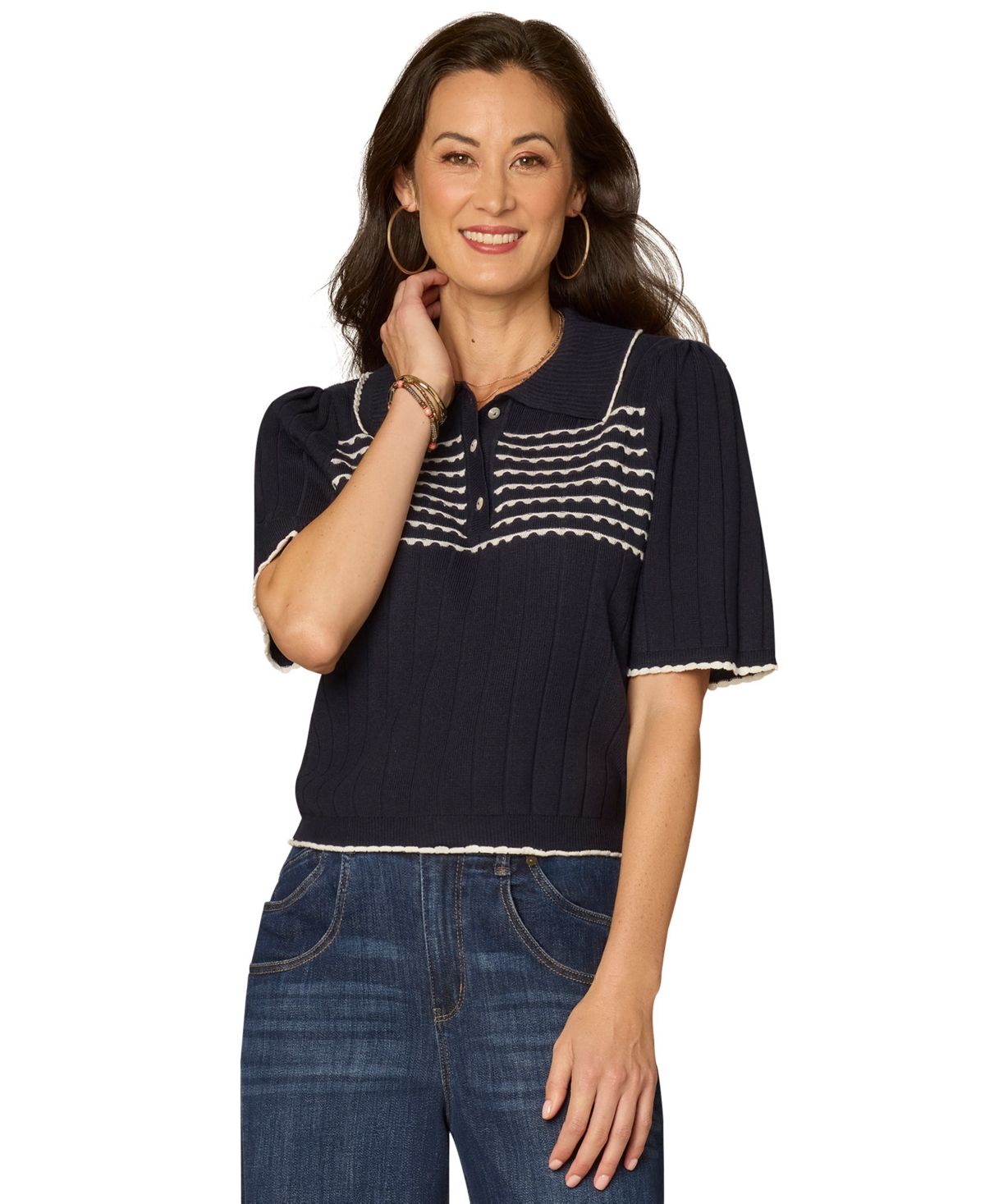 Click here for Democracy Womens Collared Neck Sweater - Navy/crea... prices