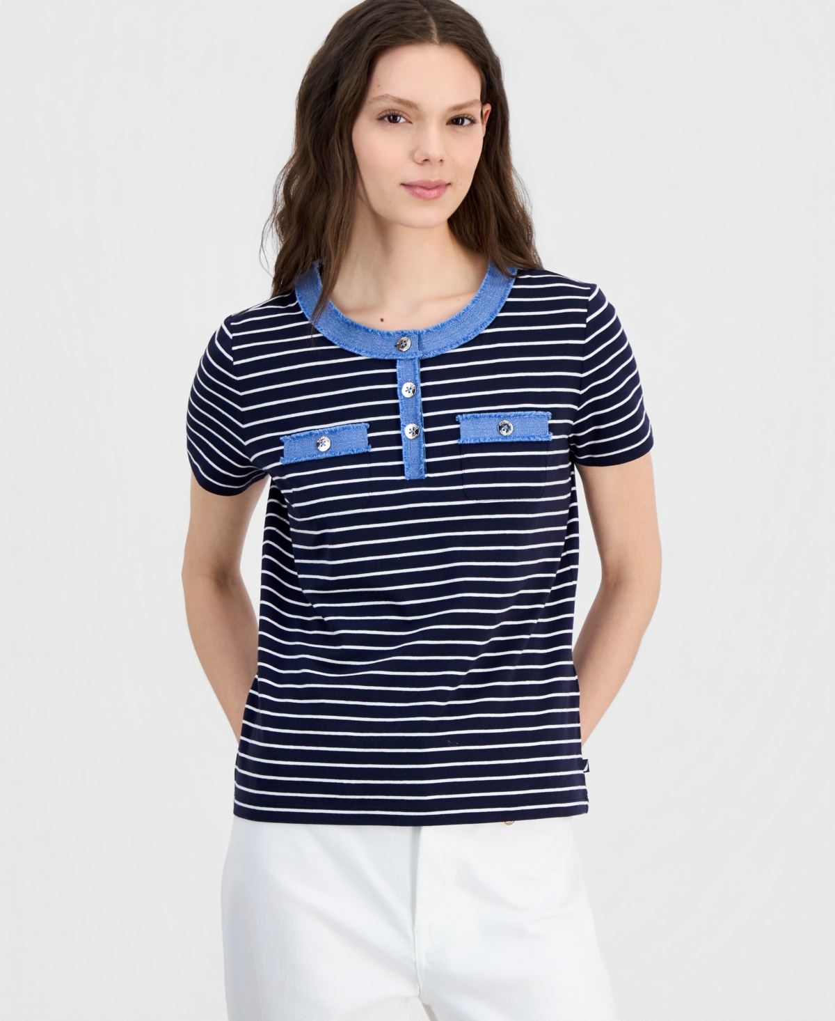 Click here for Nautica Womens Denim-Trim Striped Henley Short-Sle... prices