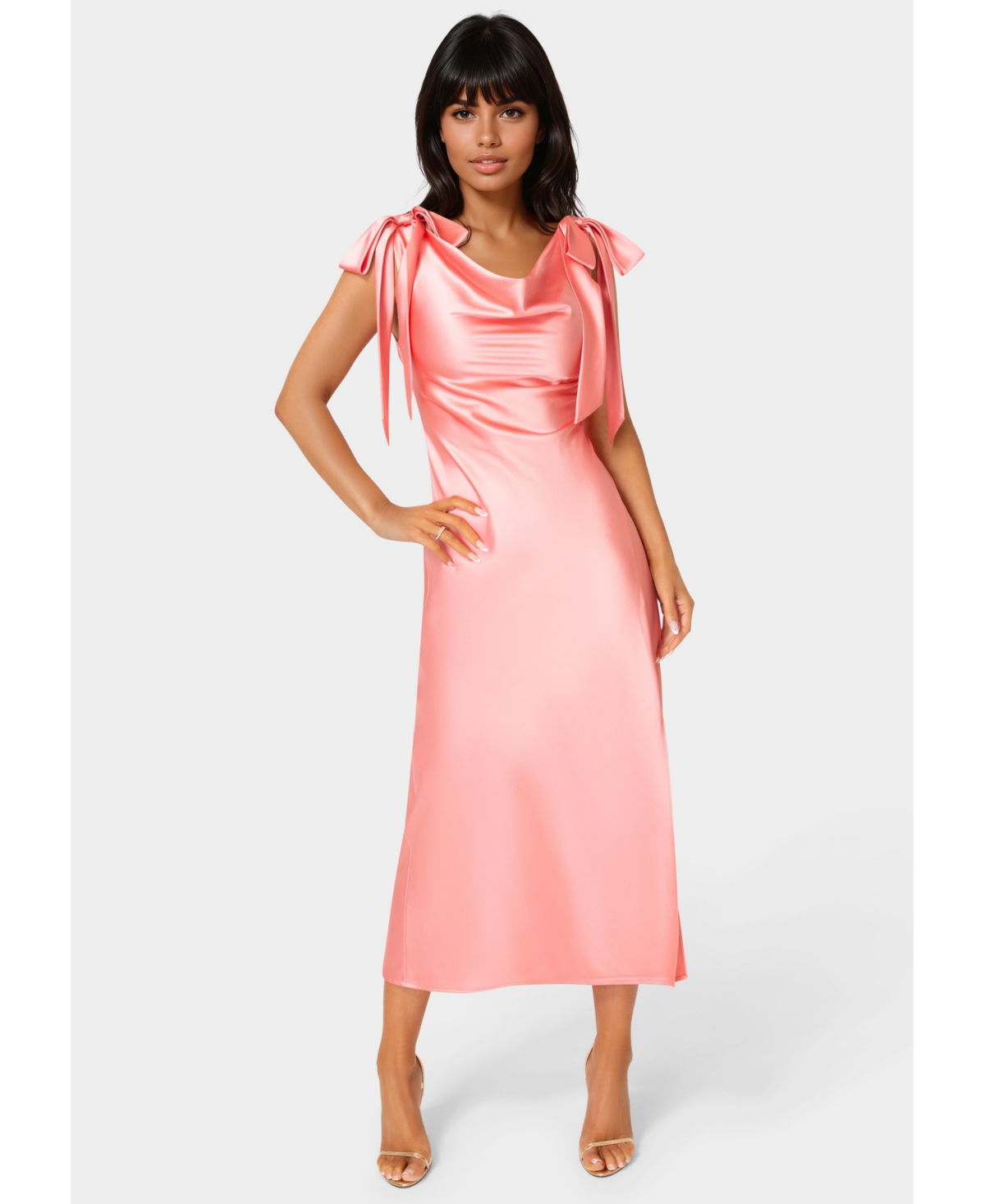 Click here for Bebe Womens Bow Strap Satin Midi Dress - Coral prices