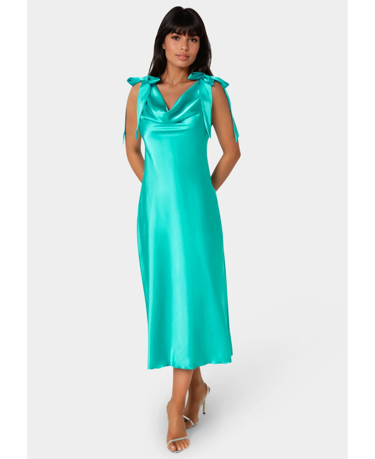 Click here for Bebe Womens Bow Strap Satin Midi Dress - turquoise... prices